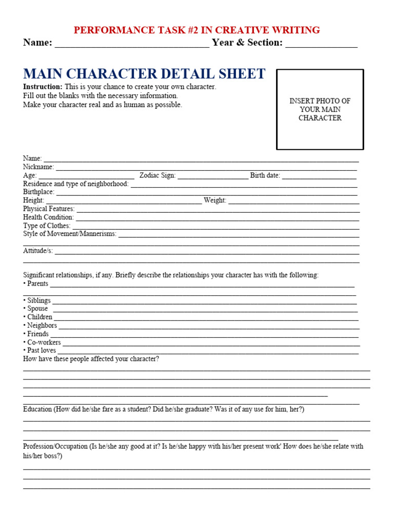 Main-Character Detail Sheet | PDF | Extraversion And Introversion ...