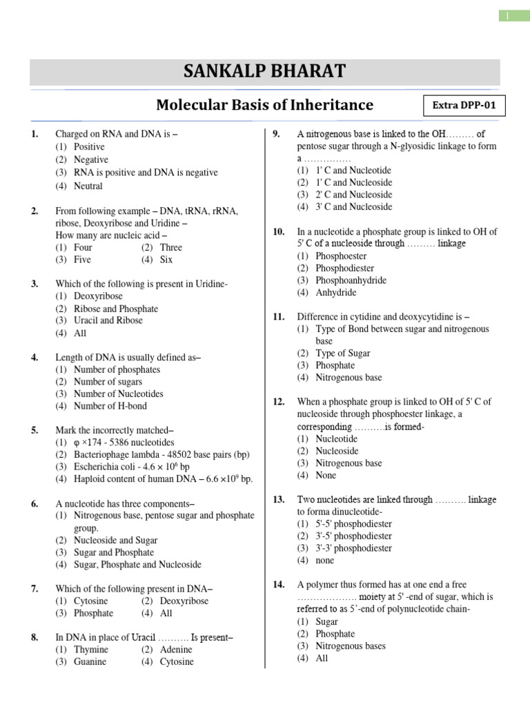 Extra DPP-01 - Molecular Basis of Inheritance | PDF | Nucleotides | Dna