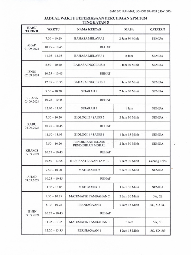 Jadual Percubaan SPM 2024 | PDF