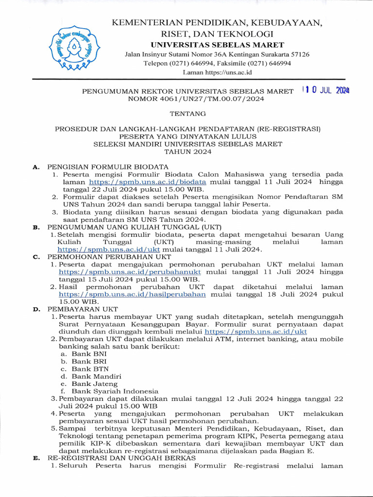 Panduan Heregistrasi UNS 2024 | PDF