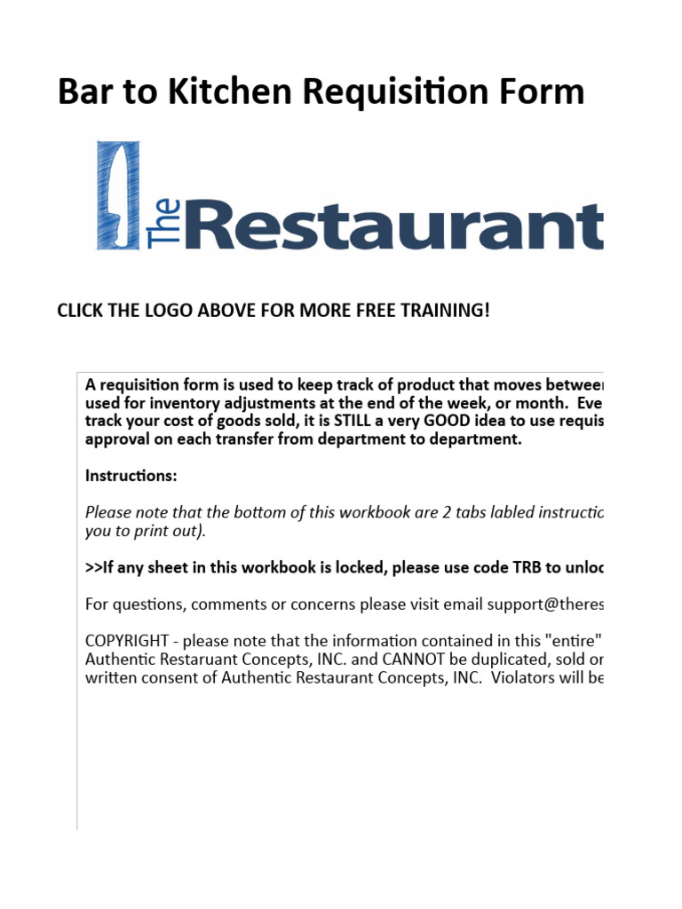 The Restaurant Boss Toolkit Requisition Form - Bar To Kitchen | PDF