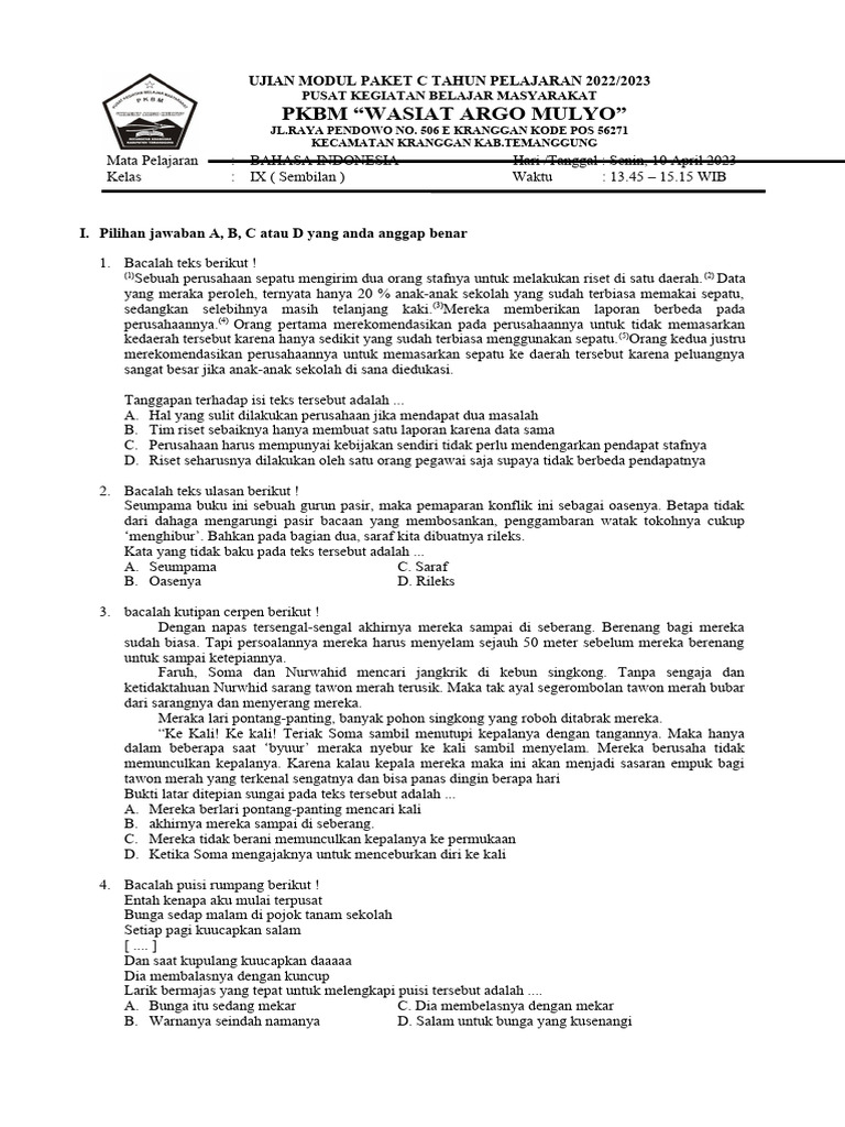 Soal UJIAN MODUL PAKET B BAHASA INDONESIA | PDF | Seni & Disiplin Bahasa