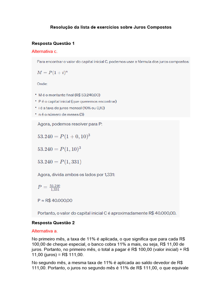 4) Resolução Da Lista de Exercícios Sobre Juros Compostos | PDF 4) Resolução Da Lista de Exercícios Sobre Juros Compostos | PDF