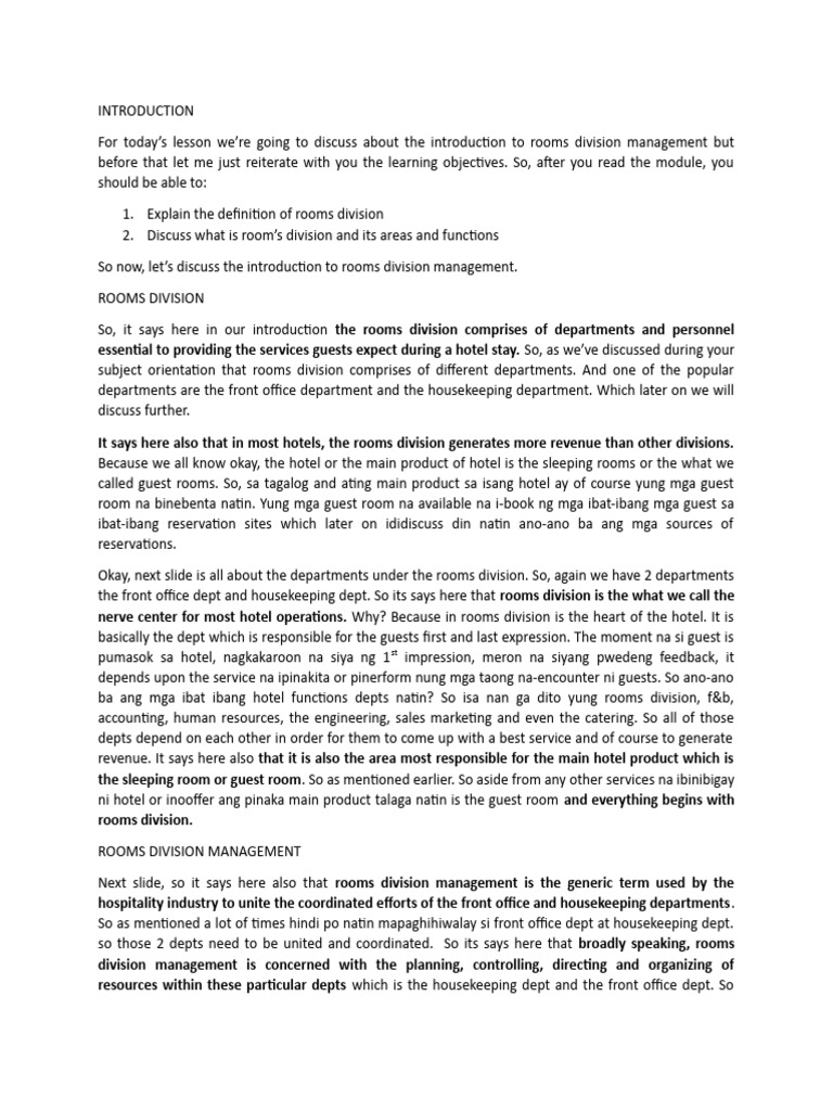 Rooms Division Lesson 1 | PDF