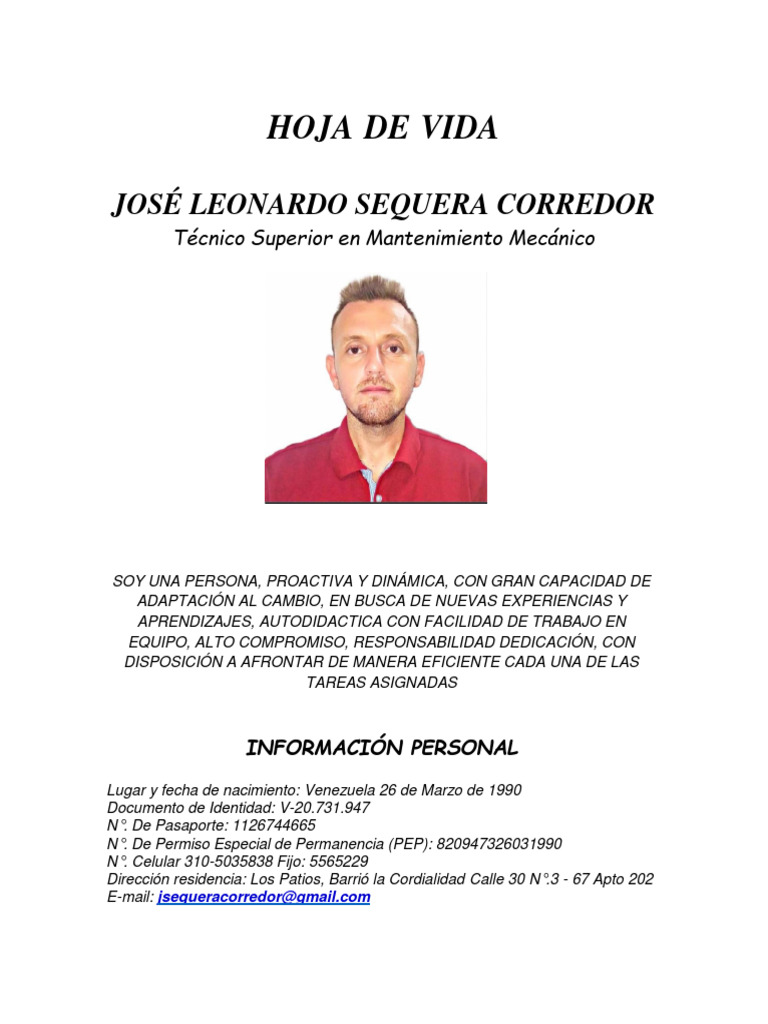 Hoja de Vida de Jose Leonardo Sequera 2022 | PDF