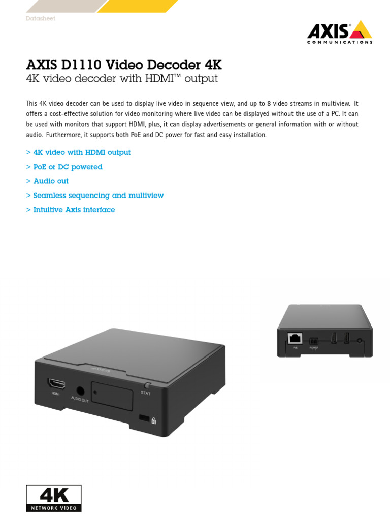 Datasheet Axis d1110 Video Decoder 4k en US 443406 | PDF | Video | Hdmi