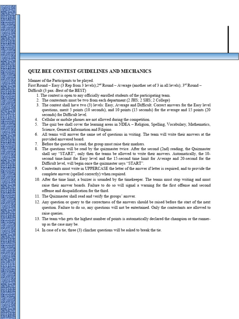 Quiz Bee Contest Guidelines and Mechanics | PDF | Sports & Recreation
