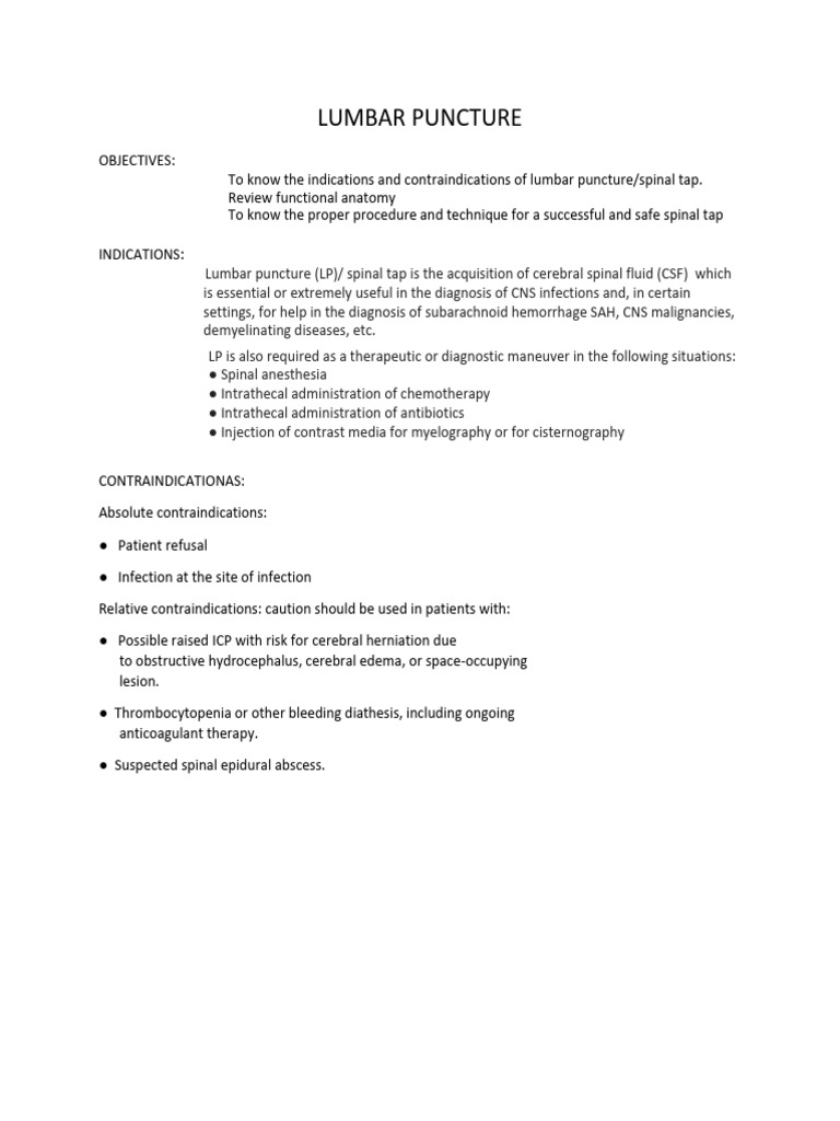 Lumbar Puncture | PDF | Cerebrospinal Fluid | Nervous System