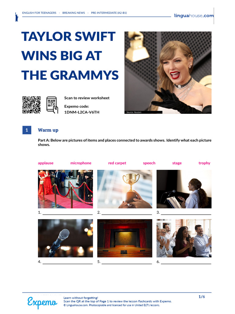 Taylor Swift Wins Big at The Grammys American English Teacher | PDF ...