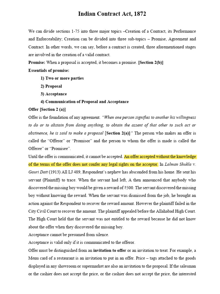 contract notes unit 1 and 2.1 and 2.2 | PDF | Offer And Acceptance ...