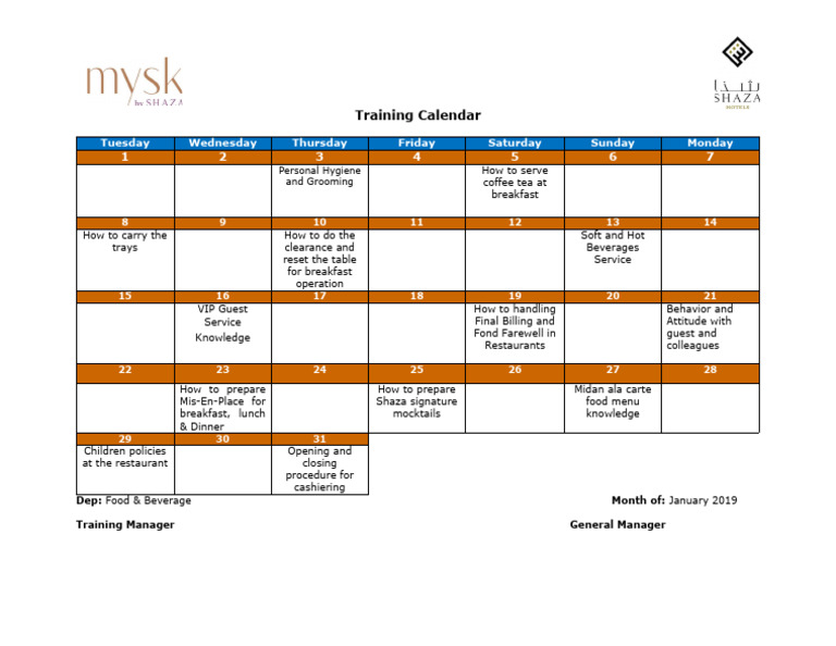 5.6.3 Training Calendar January 2019 | PDF | Restaurants | Foods