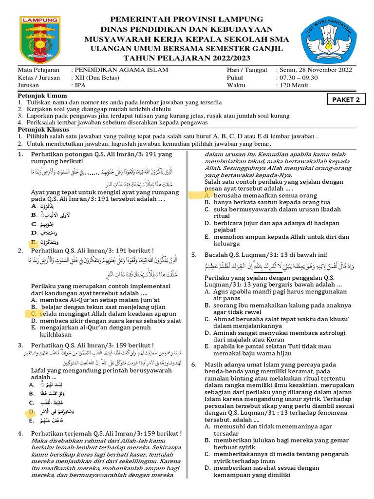 Soal Pai Kelas Xii Ipa Paket 2 Pas 2022 | PDF