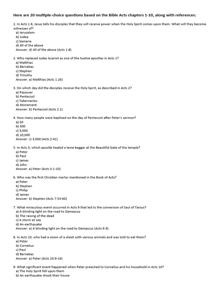 Acts 1-10 Quiz: Questions & Answers | PDF | Acts Of The Apostles | Paul ...