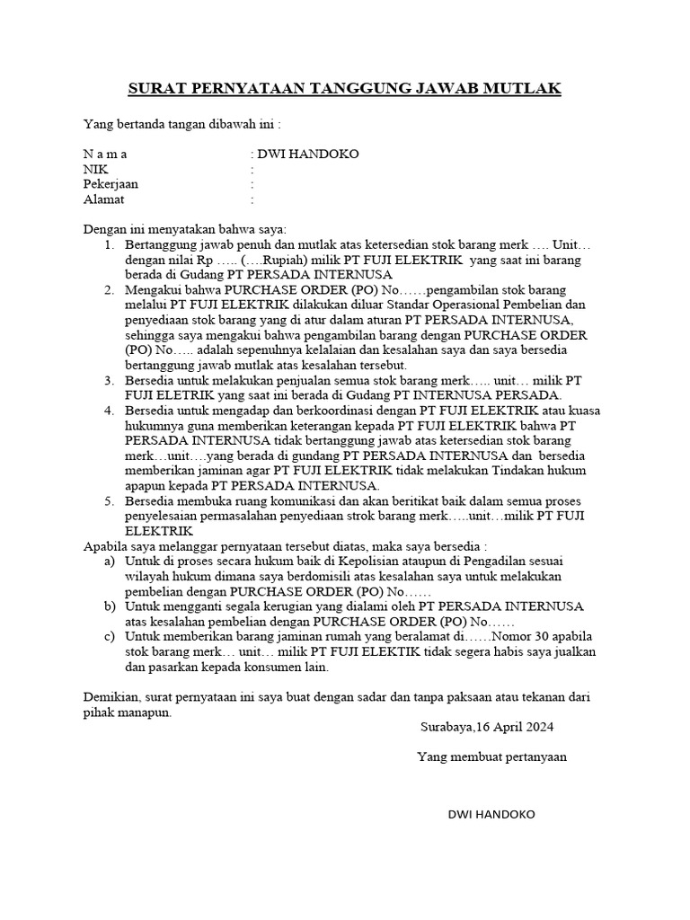 Surat Pernyataan Tanggung Jawab Mutlak | PDF