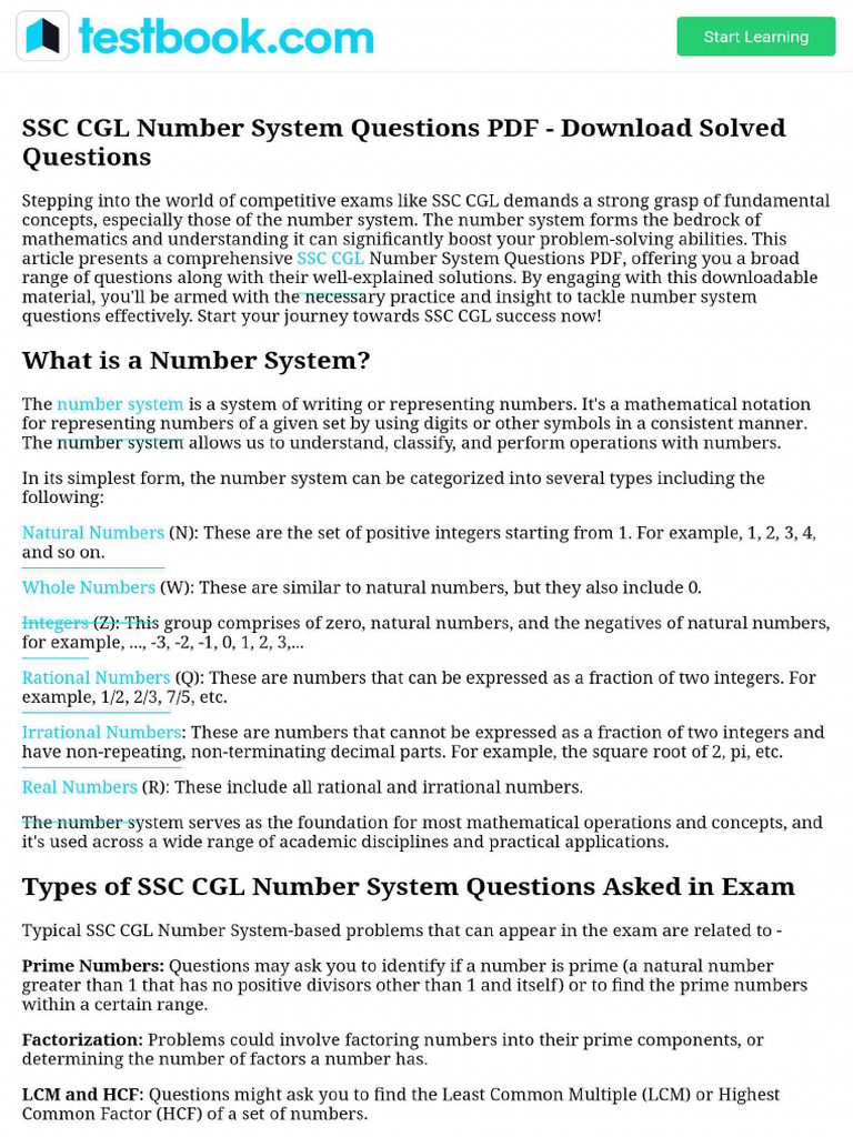 Ssc Cgl Number System Questions Pdf Download Solved Questions Pdf