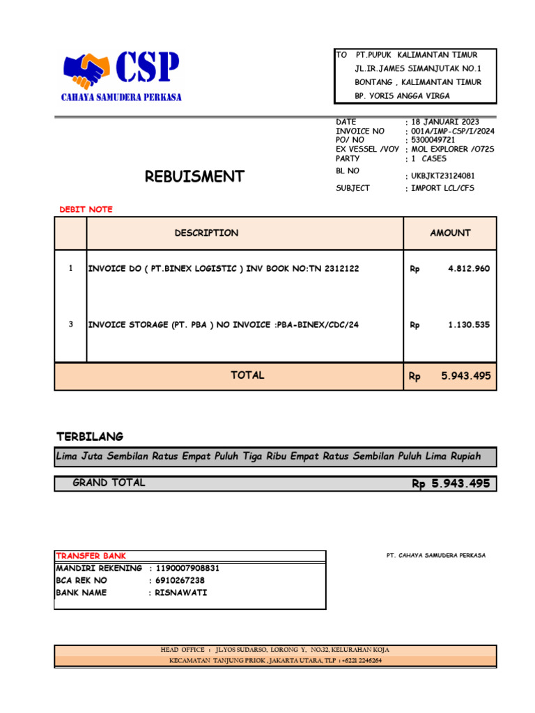 Invoice Tagihan REMBUSMENT 001A 2024 | PDF
