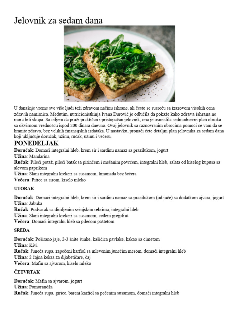 Jelovnik Za Sedam Dana | PDF