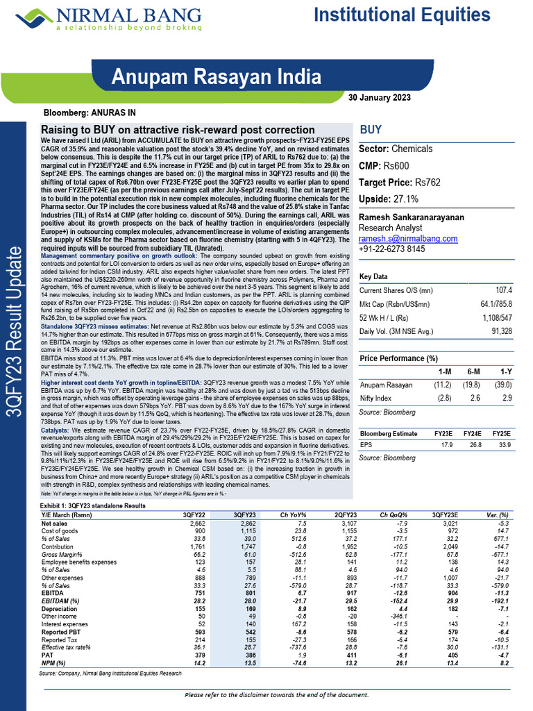Nirmal Bang Sees 27% Upside in Anupam Rasayan | PDF | Equity (Finance) | Revenue