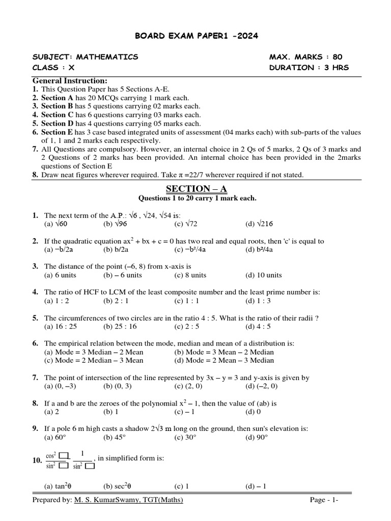 Board model paper 1 2024 | PDF | Circle | Area