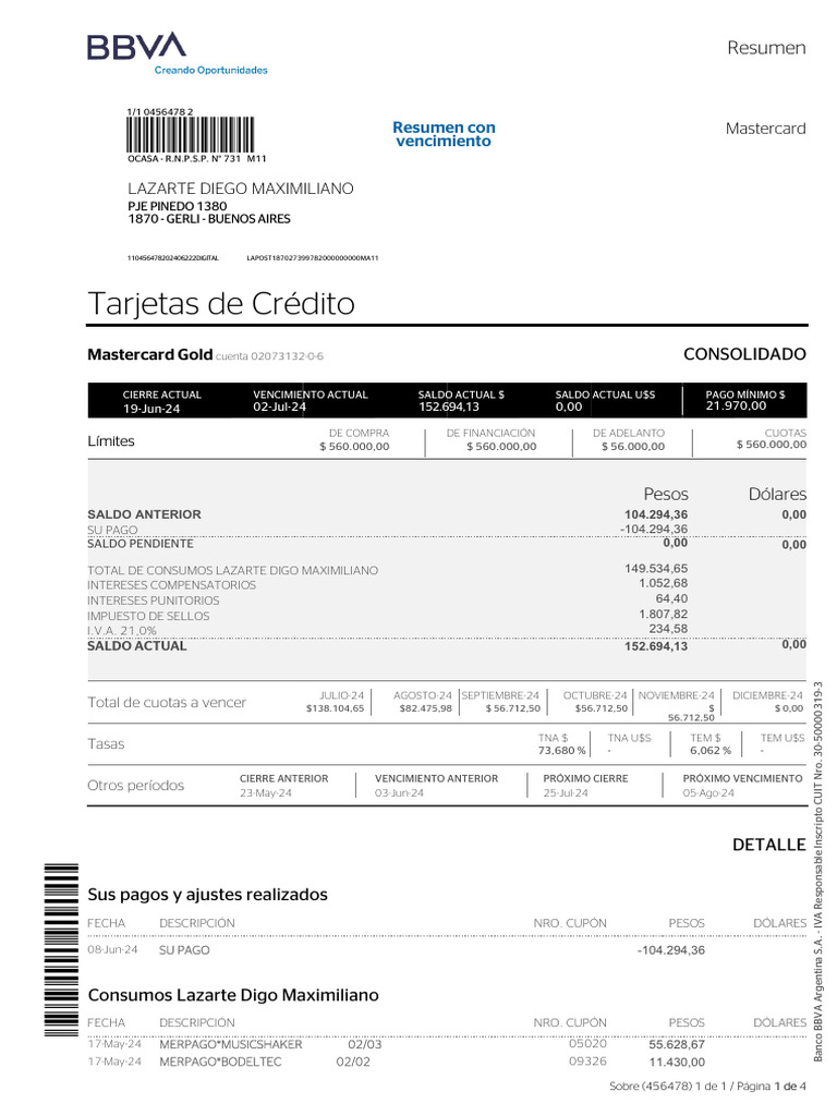 Resumen Mastercard Gold Junio 2024 | PDF | Pagos | Tarjeta de crédito