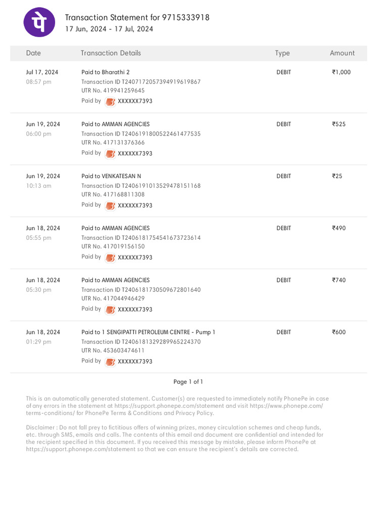 PhonePe Statement Jun2024 Jul2024 | PDF | Debit Card | Service Industries