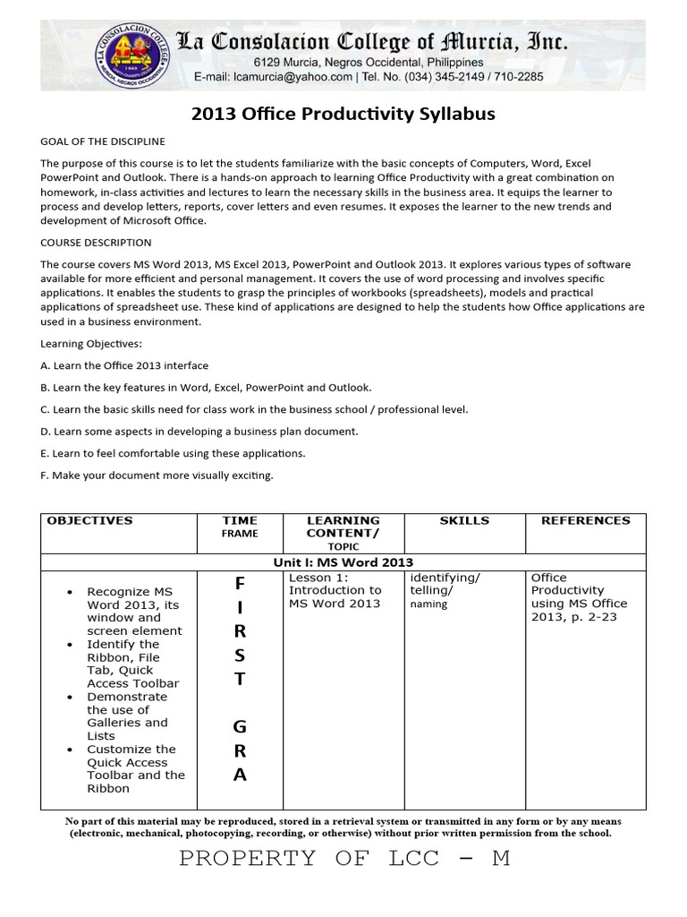 2013 Office Productivity Syllabus 1ST QUARTER | PDF | Microsoft Excel ...