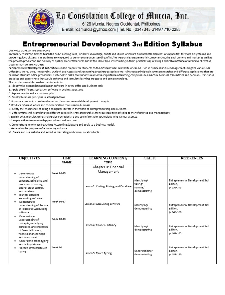 Entrepreneurial Development 3rd Edition Syllabus 4TH QUARTER | PDF ...