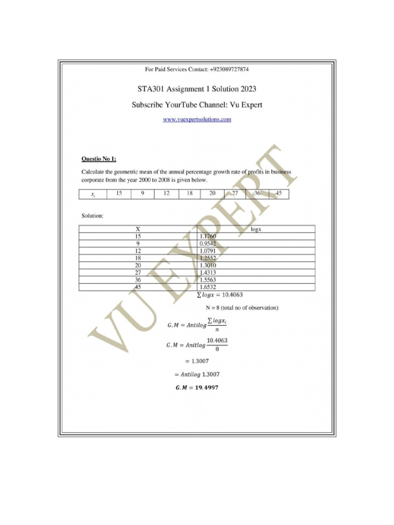 Sta301 Assign 1 Sol Spring 2023 Vu Expert | PDF
