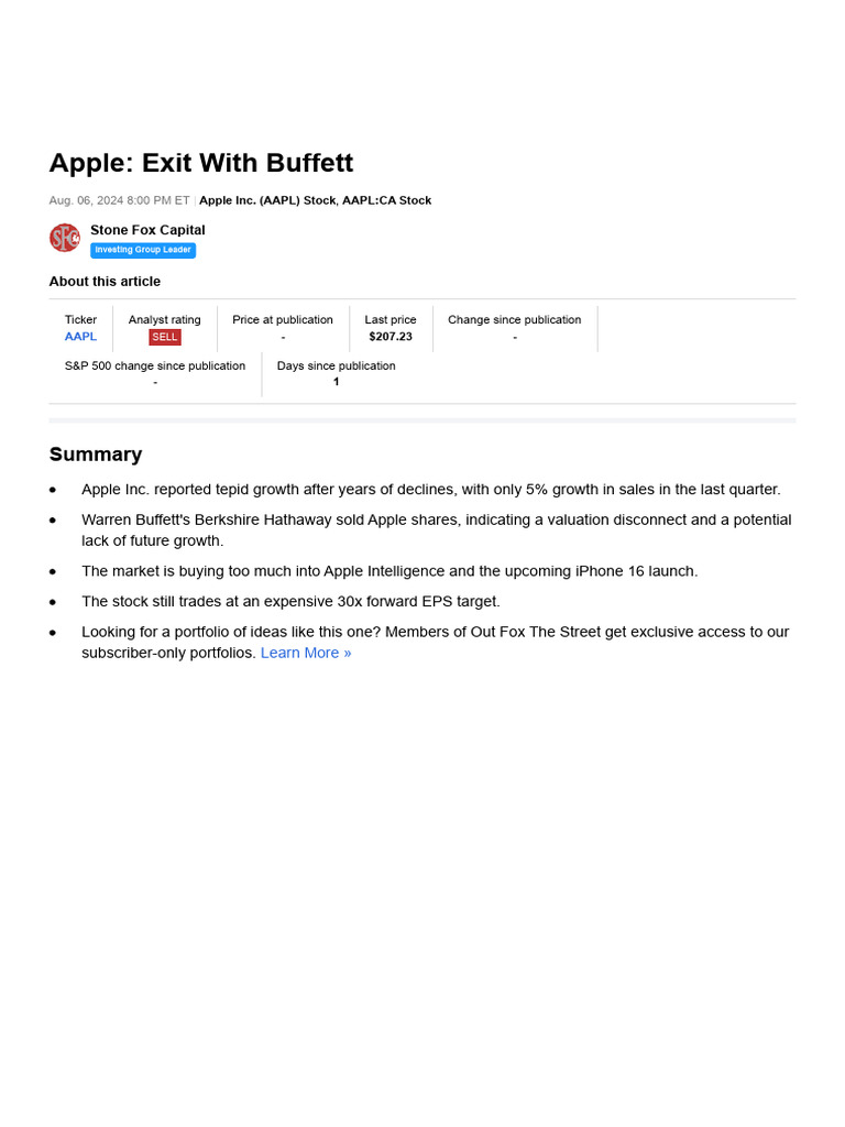 Apple - Exit With Buffett (NASDAQ - AAPL) - Seeking Alpha | PDF ...