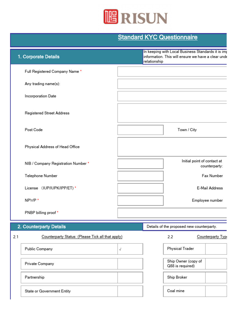 LOCAL KYC - Questionnaire (RISUN2022) | PDF | Banks | Business