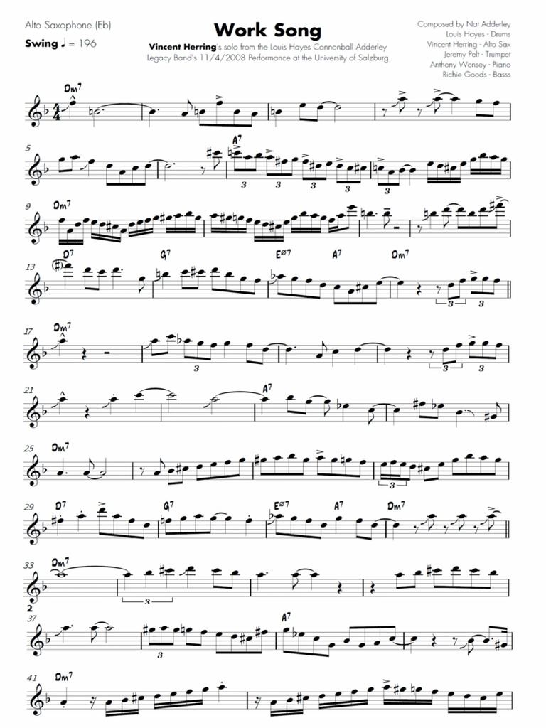 Work Song Solo Alto Sax Vincent Herring | PDF