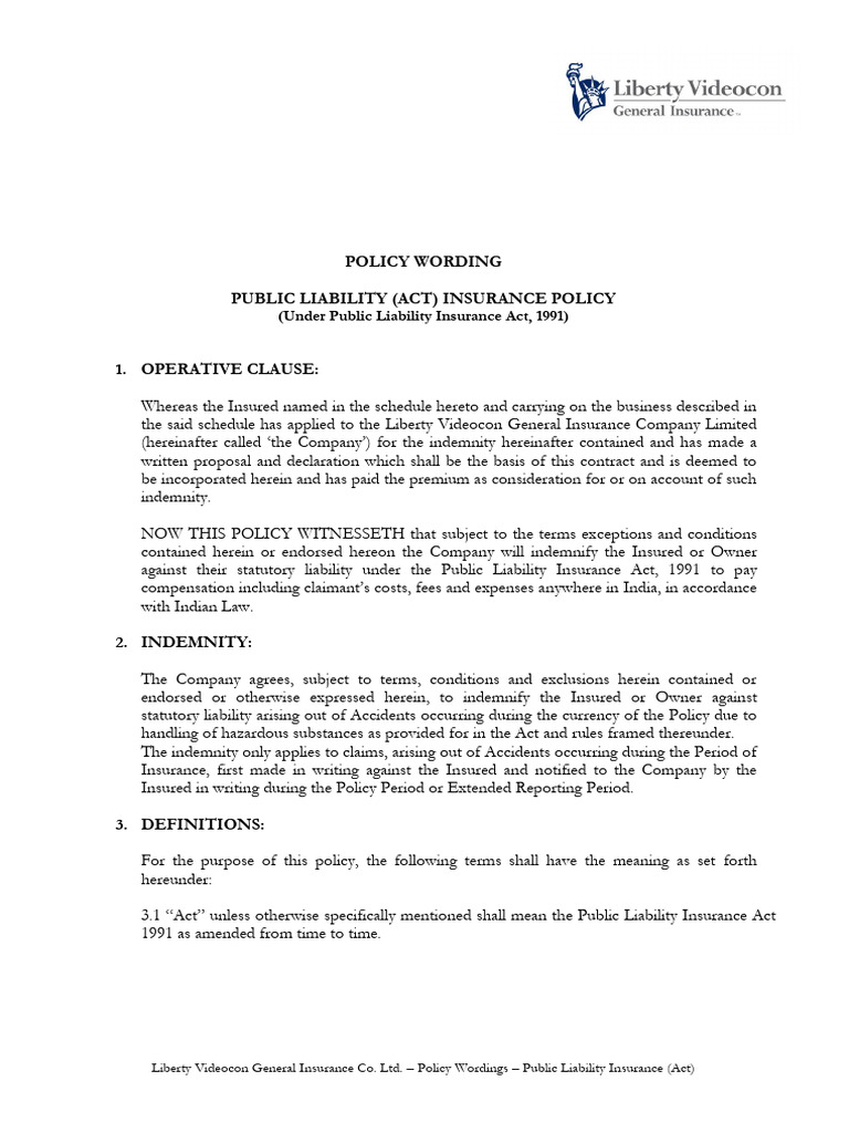 111.public Liability (Act) - Policy Wording - GEN705 | PDF | Indemnity ...