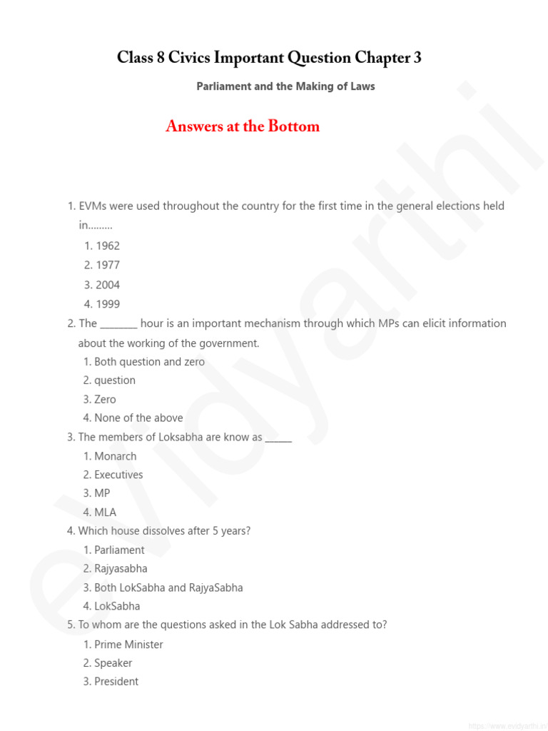 Important Questions Class 8 Civics Chapter 3 | PDF | Member Of ...