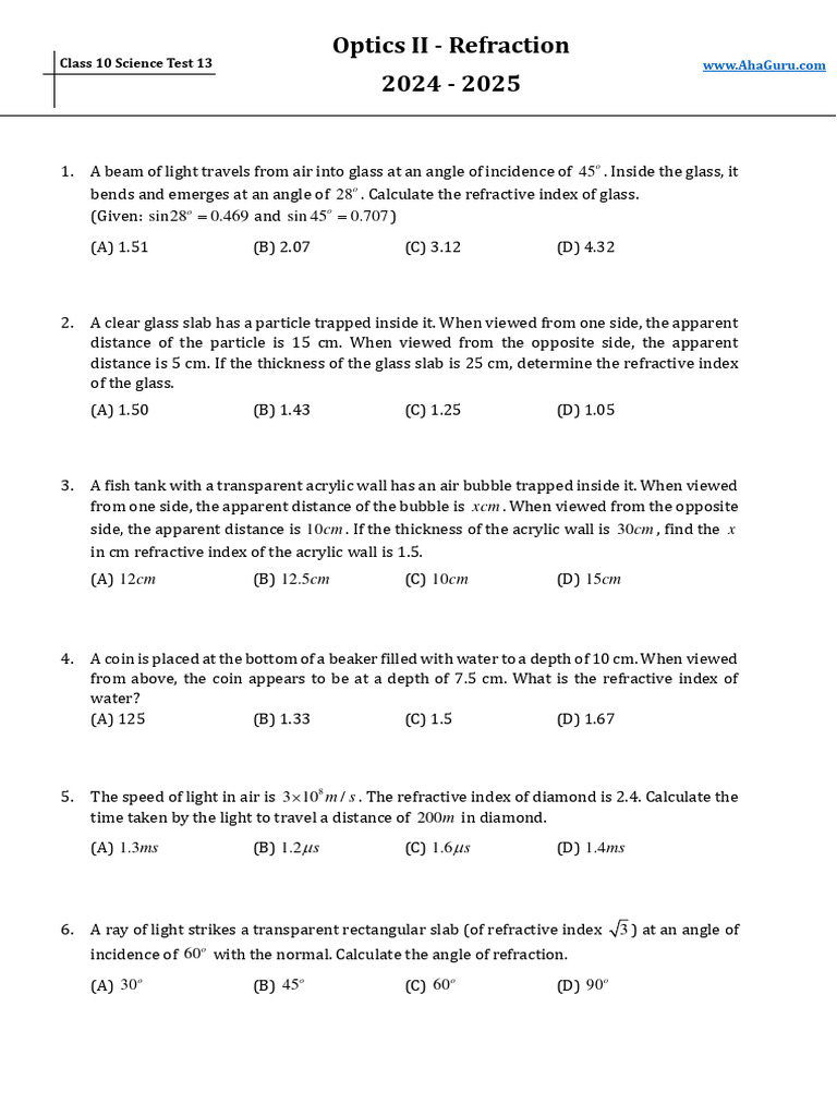 Class 10 Optics II Refraction Test | PDF | Refraction | Refractive Index