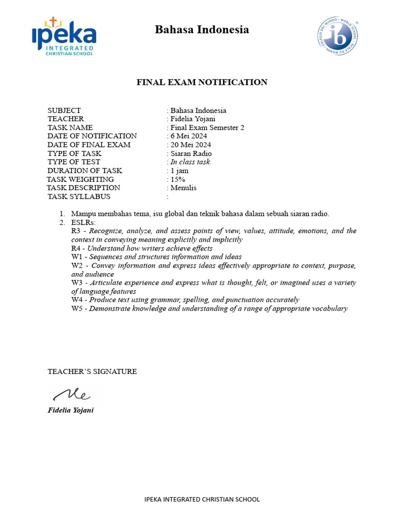 G10 S2 2023 2024 Final Exam Notification 1 | PDF | Language Arts & Discipline