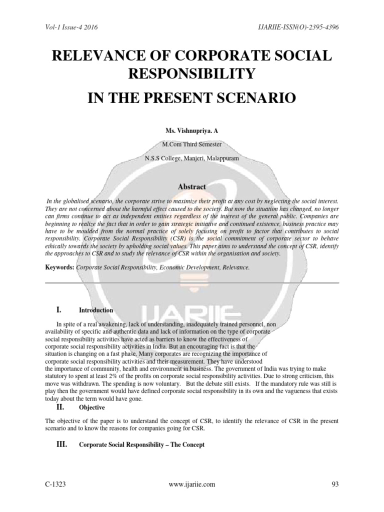 Relevance of Corporate Social Responsibility in The Present Scenario 1323 | PDF | Corporate ...