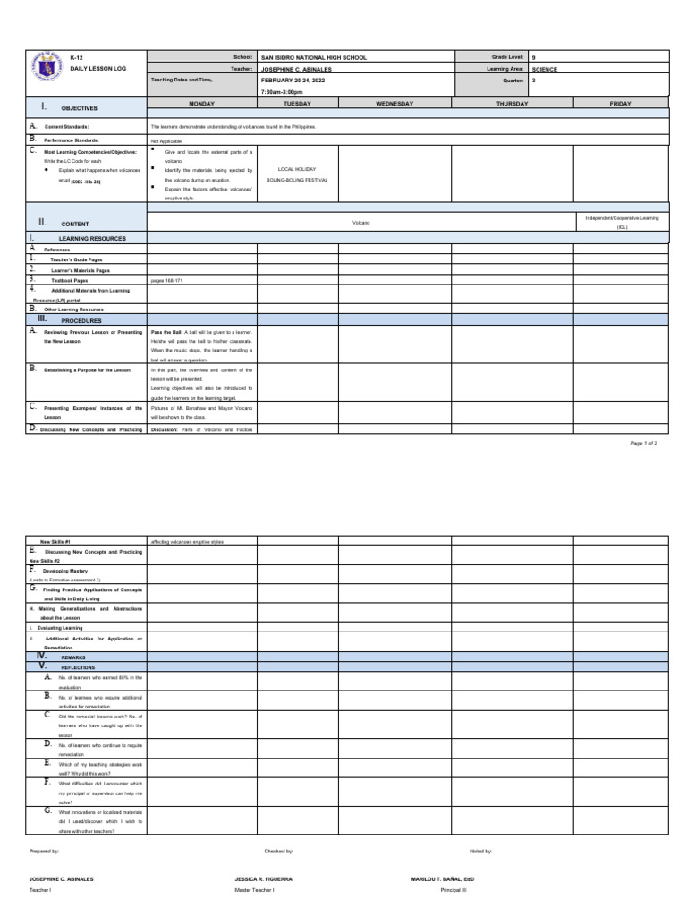 Grade 9 Science Lesson Plan: Volcanoes | PDF | Learning | Education Theory