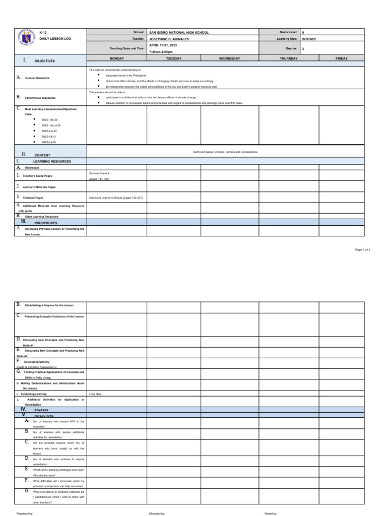 Week 10 - Sci 9-Q3-Dll-Abinales | PDF | Learning | Teachers