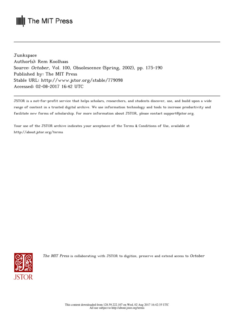 Obsolescence SP Ed October Rem Koolhaas Junkspace | PDF | Young Adult