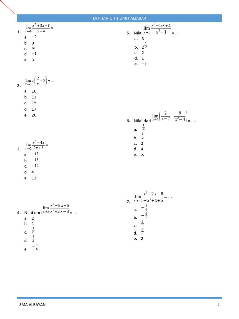 Latihan UH 1 Limit Aljabar | PDF