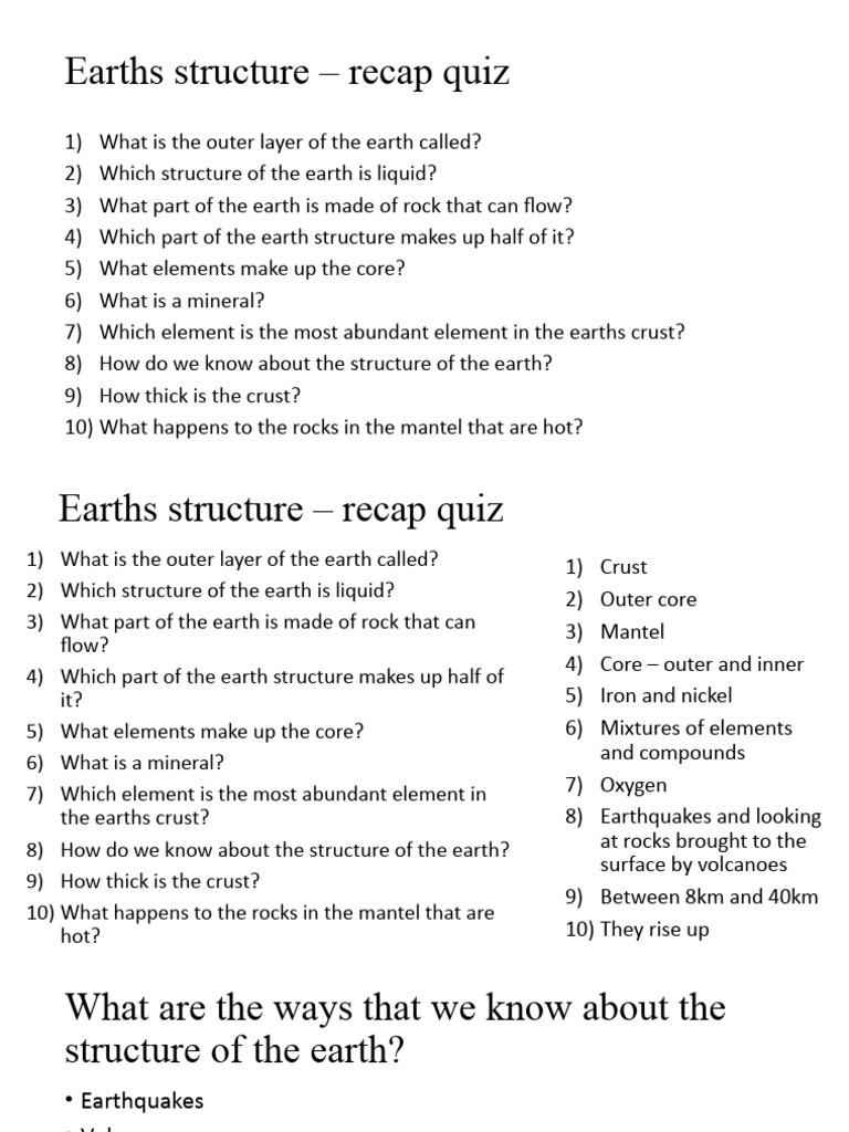 Earth Structure Recap Quiz and Concepts | PDF | Plate Tectonics | Earth