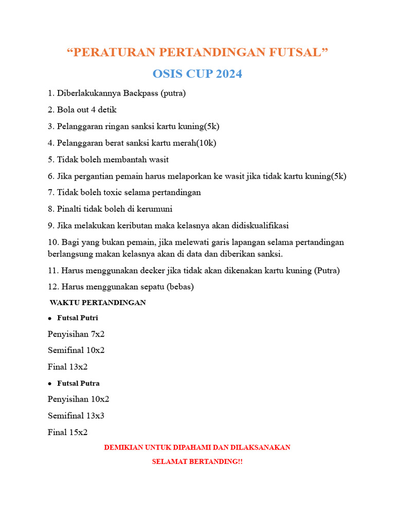 Peraturan Pertandingan Osis Cup 2024 | PDF