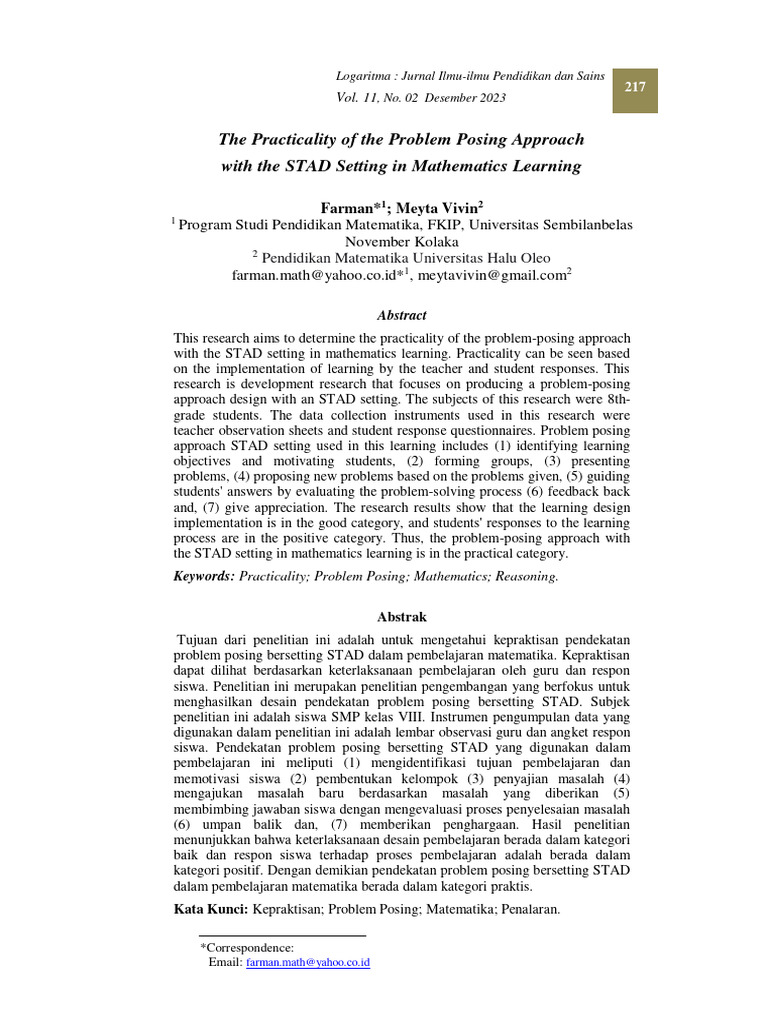 The Practicality of The Problem Posing Approach With The STAD Setting in Mathematics Learning ...