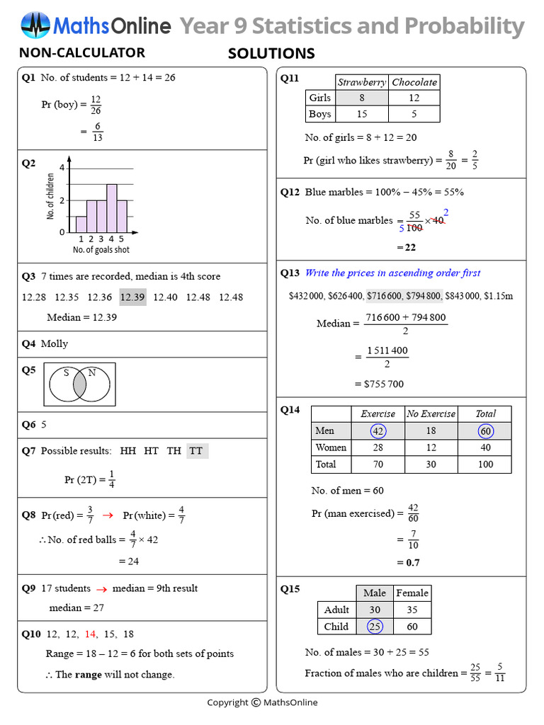 Year9 Revision Statistics and Probability Non Calc Solutions | PDF