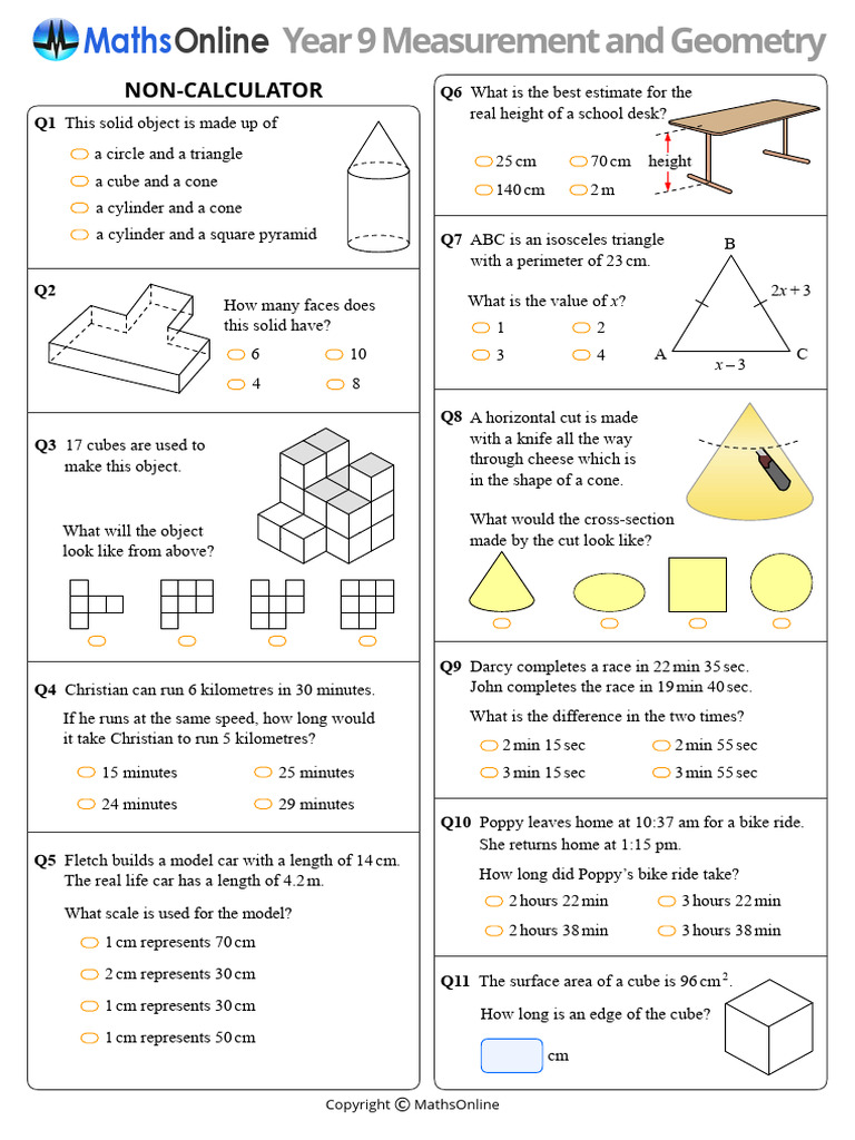 Year9 Revision Measurement and Geometry Non Calc Questions | PDF | Area ...
