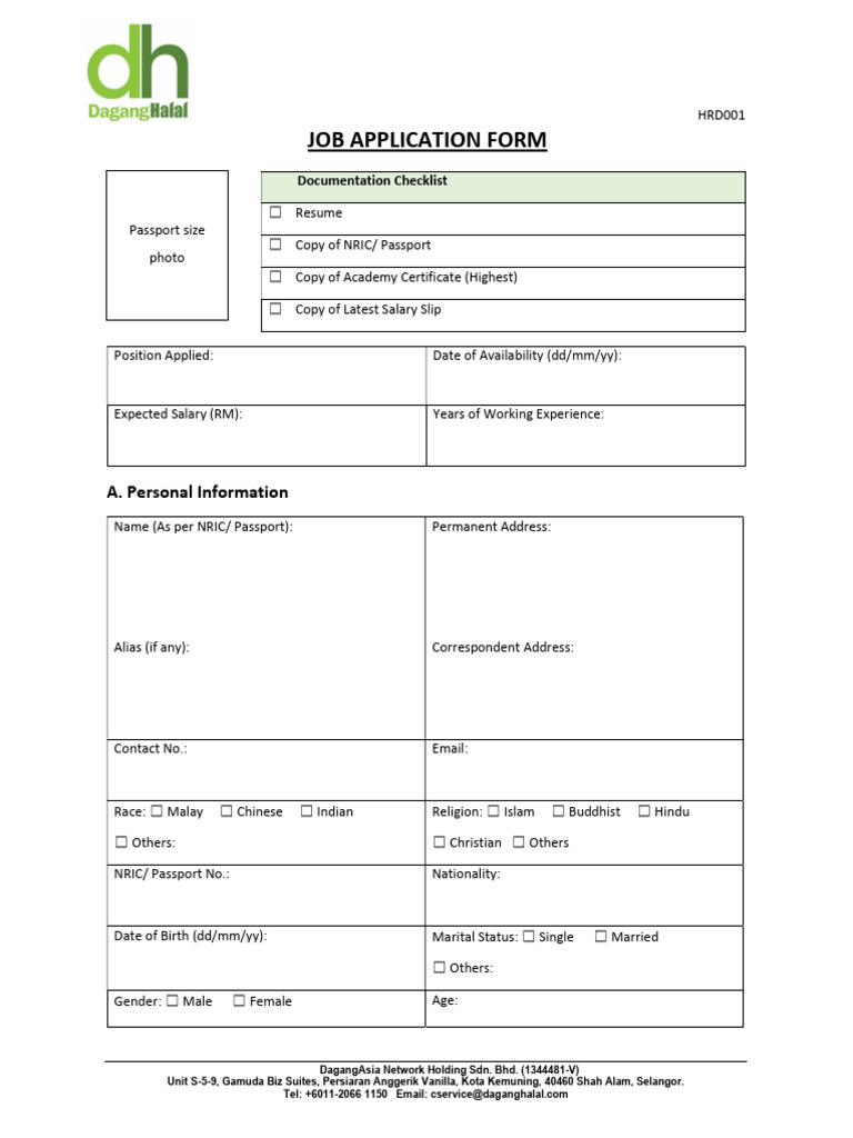 Job Application Form - DagangAsia Network | PDF