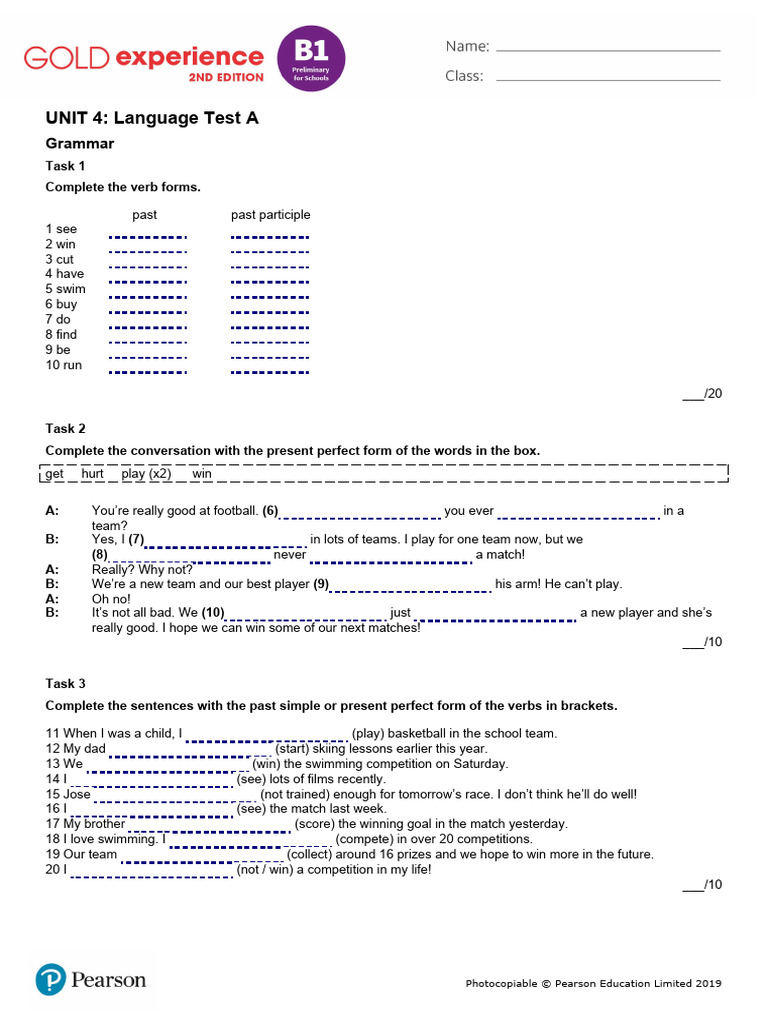 Gold Exp B1 U4 Lang Test A | PDF | Linguistic Typology | Grammar