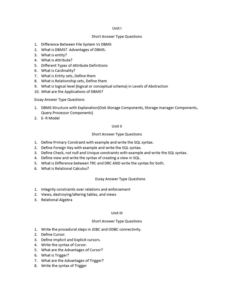 Important Questions - DBMS | PDF | Databases | Sql