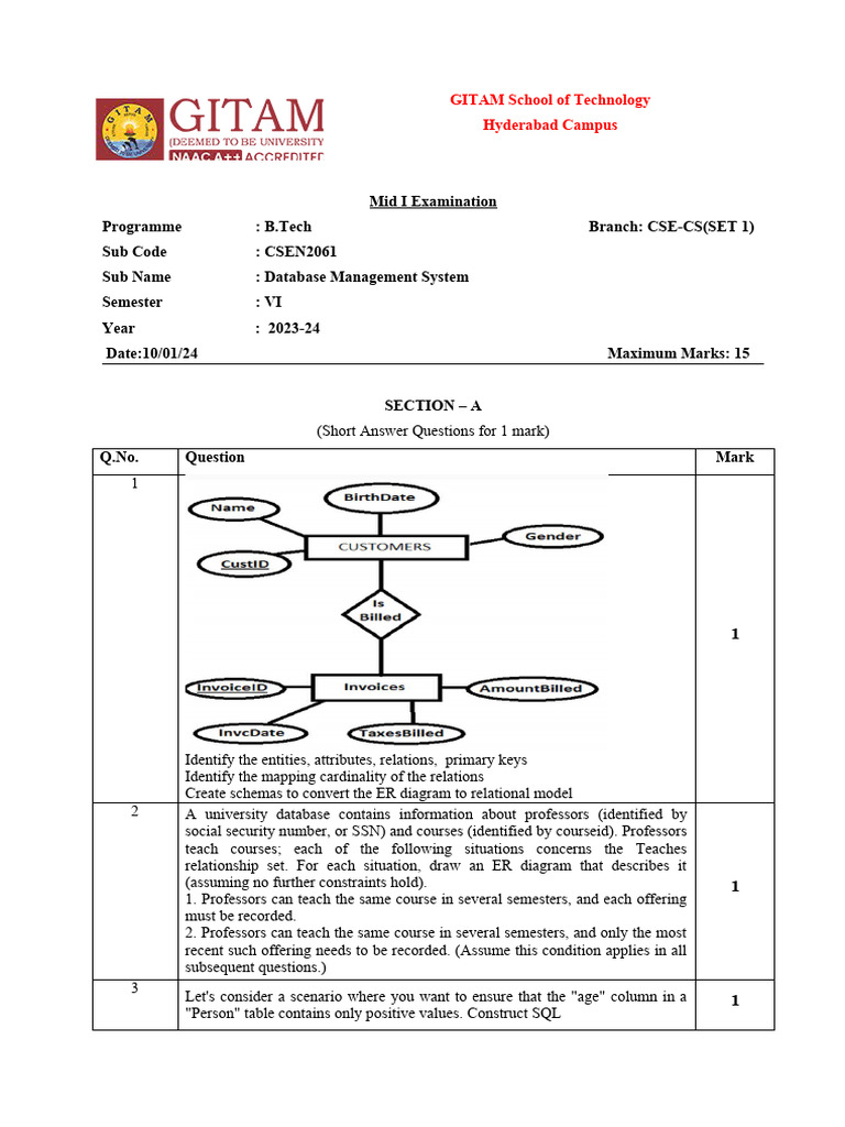 MID1 DBMS CS SET 1 - Jan24 - Student | PDF | Databases | Relational Model