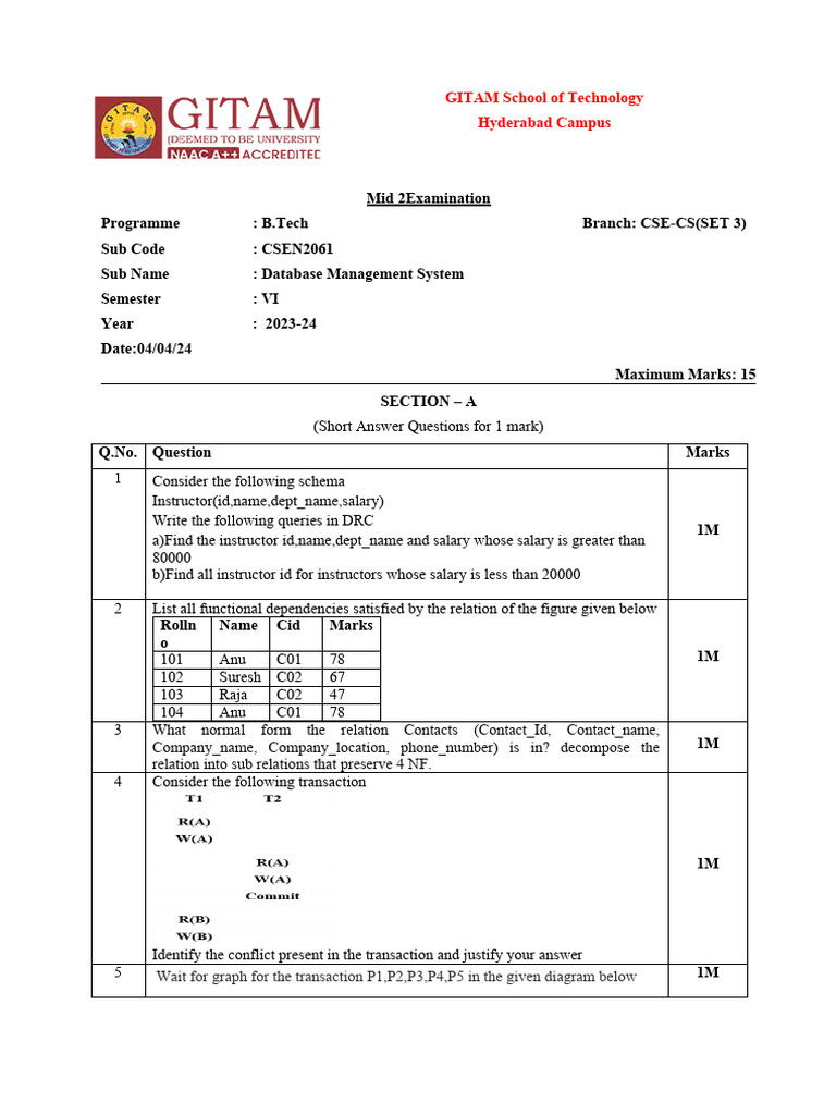 MID2 DBMS CS SET 3 - April24 | PDF | Data Management Software | Computing